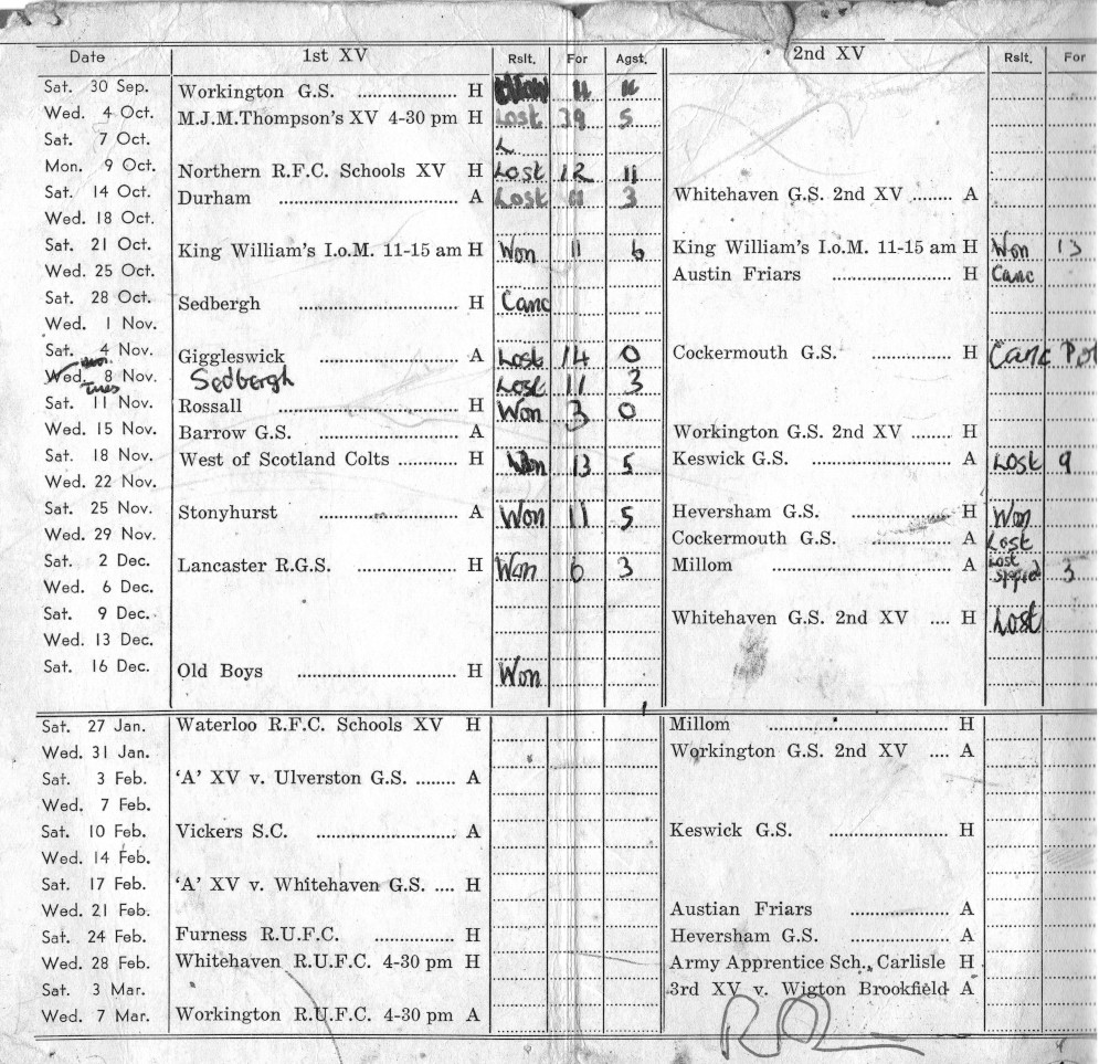 Photo - Richard Woodhead - SBS RFC Fixture List 1961-62